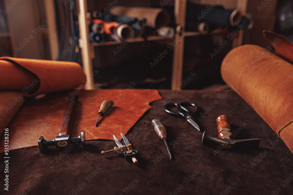 Natural leather brown color with tools, top view. Concept banner ...