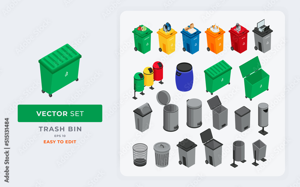 Isometric vector set of various recycling bins according to the type of ...