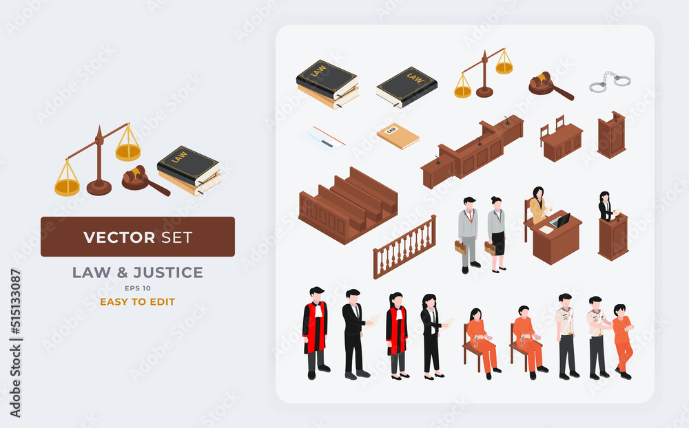Vector elements of law and justice set isometric. This design is ...