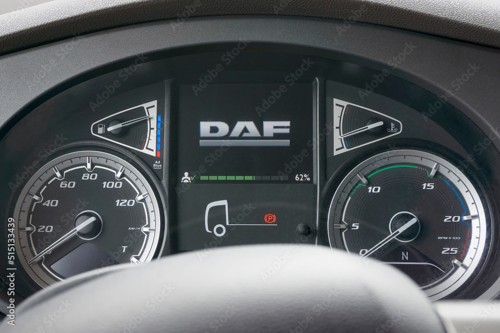 Dashboard of a DAF XF Euro 6 truck. DAF Trucks is a Dutch truck ...