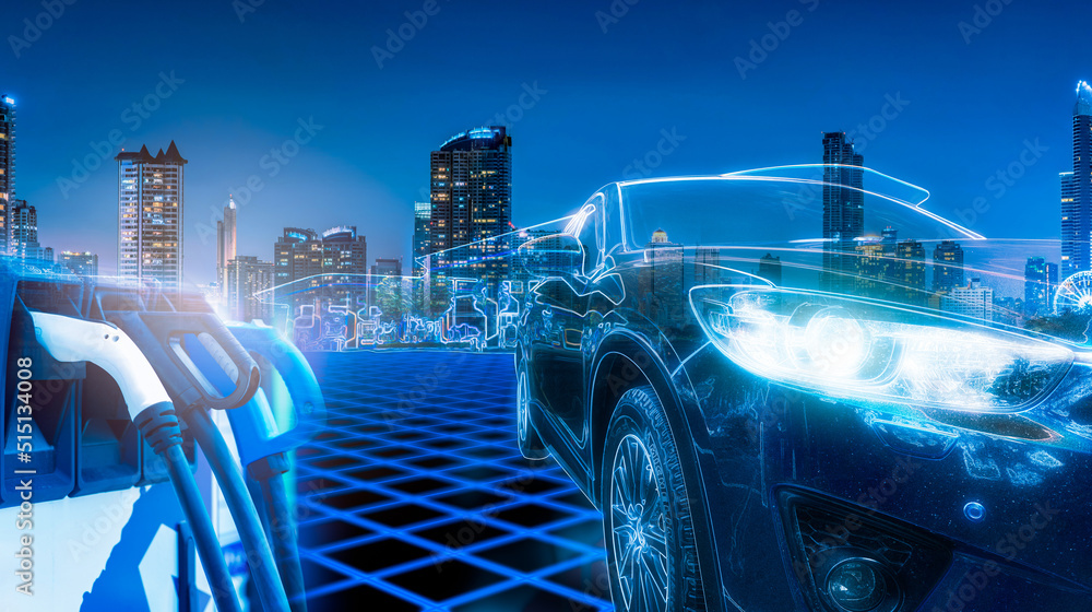 Electric car and EV car charging station at gas station with cityscape ...