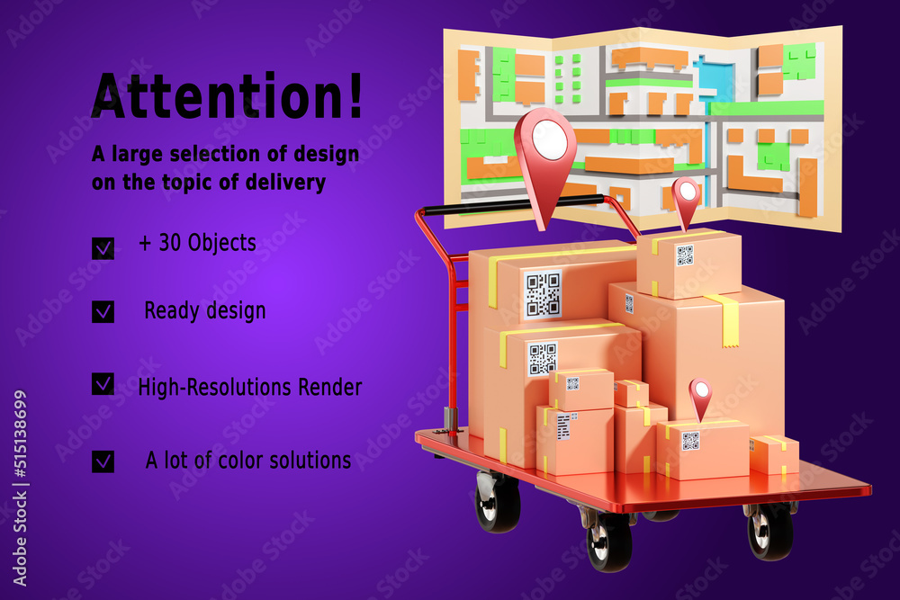 Goods delivery. Trolley with boxes for delivery. City map metaphor ...