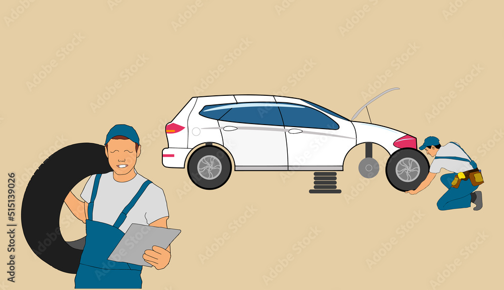 Auto repair service. Car workshop panorama, mechanics team in garage do ...