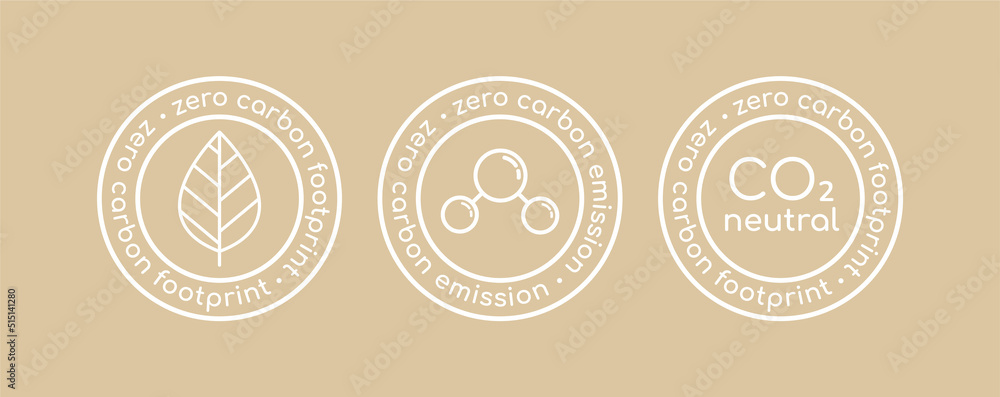 Zero carbon emission rubber stamp set. CO2 emission reduction, zero ...