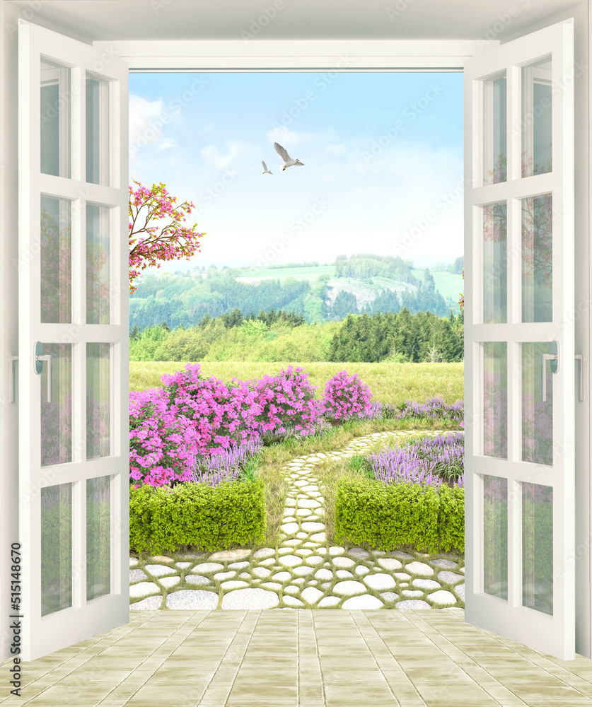 Open glass doors View of the blooming garden 3d rendering Stock ...