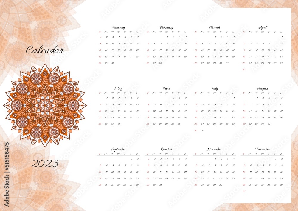 Calendar for 2023 year with mandala pattern in orange colors. Vector ...