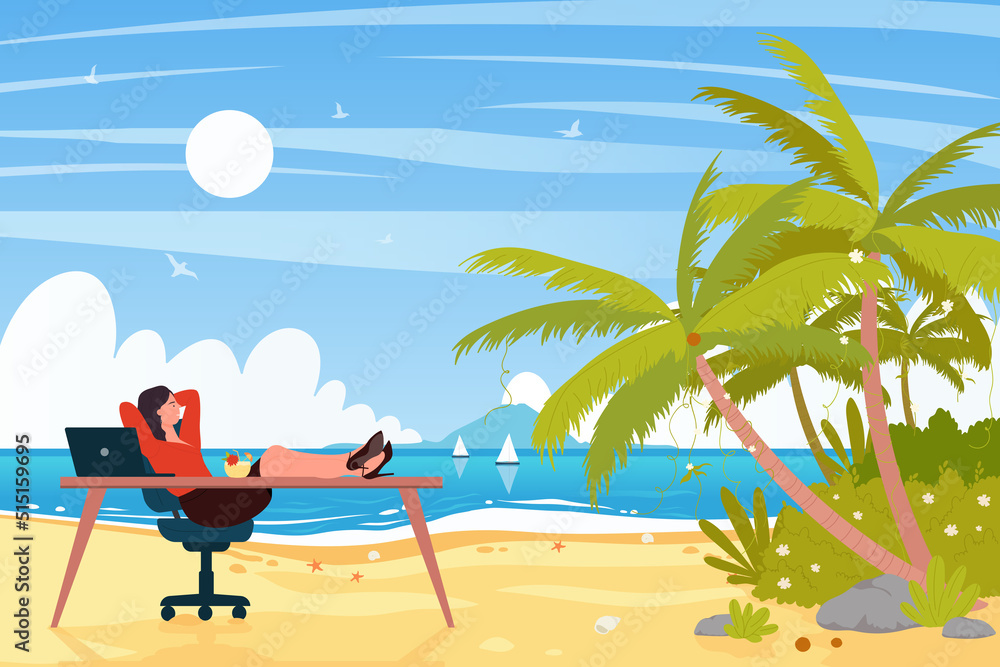 Cartoon woman manager with cocktail and suit enjoy sun, sea and sky of ...