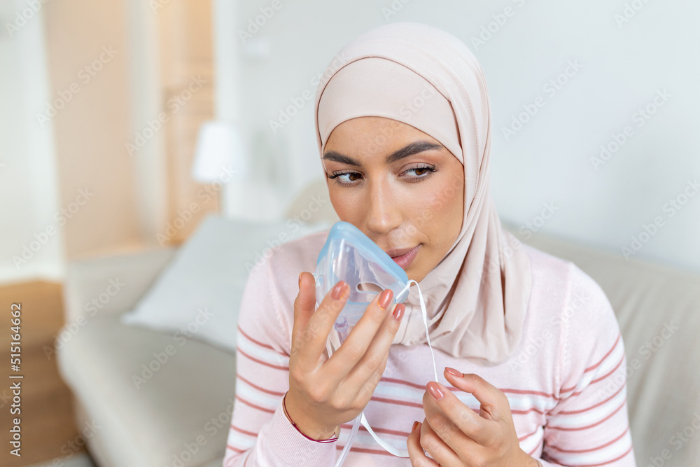 Sick muslim woman with hijab on oxygen mask inhalation, pneumonia ...