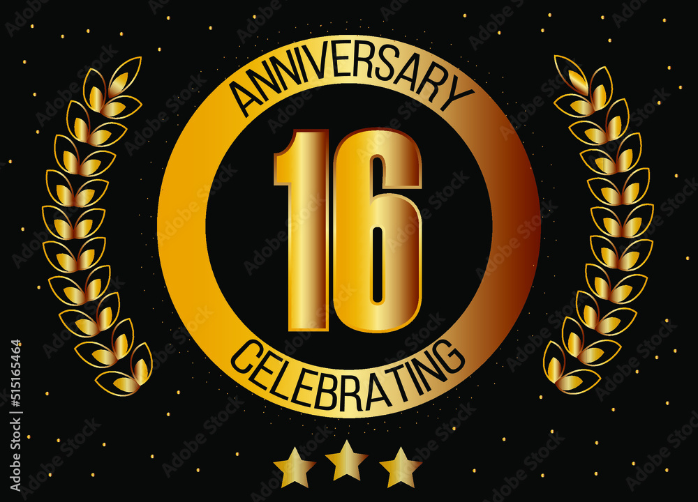 16 years anniversary celebrating gold. Anniversary vector with confetti ...