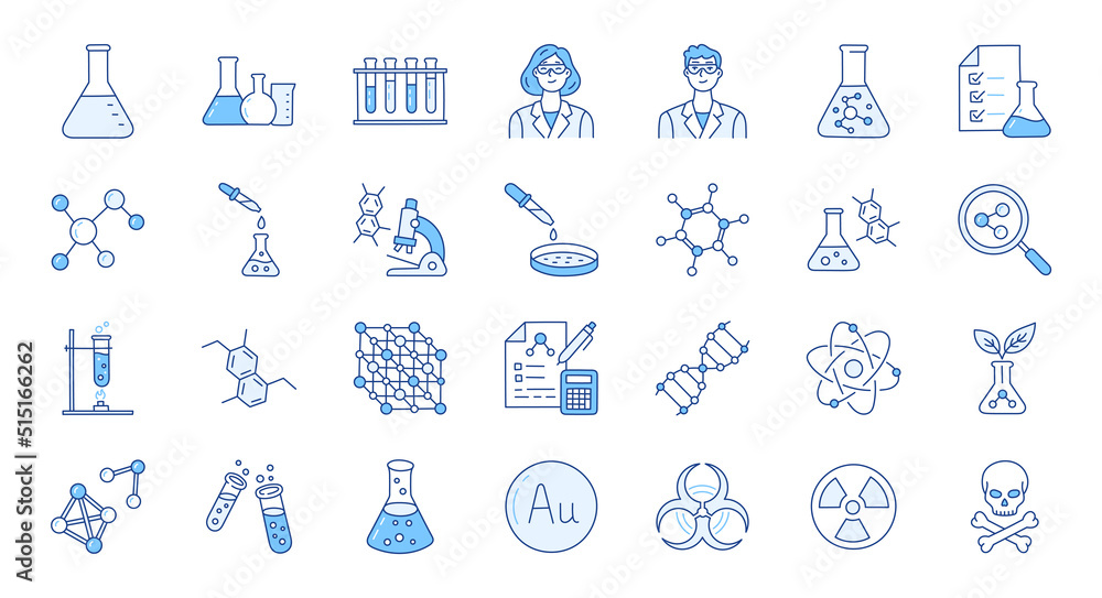 Chemistry doodle illustration including icons - flask, lab tube ...