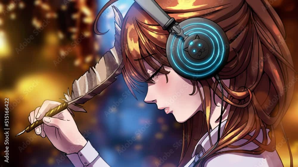 A cute and very tired girl drawn in anime style, she is a poet ...