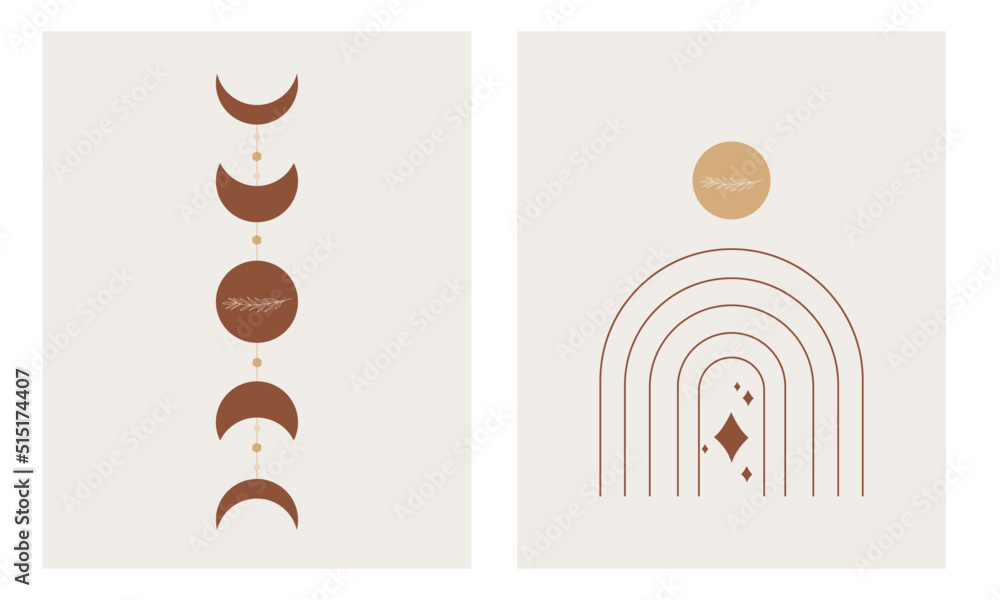 Hand drawn set posters in boho style. Abstract phases moon and arch ...