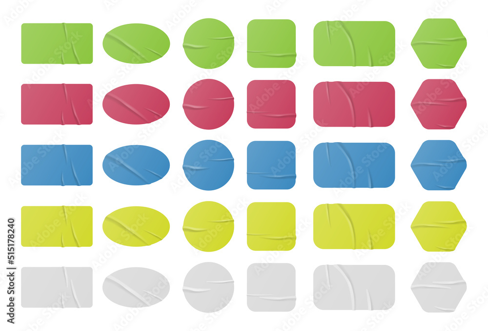 set of crumpled rippled stickers in various colors isolated on white ...