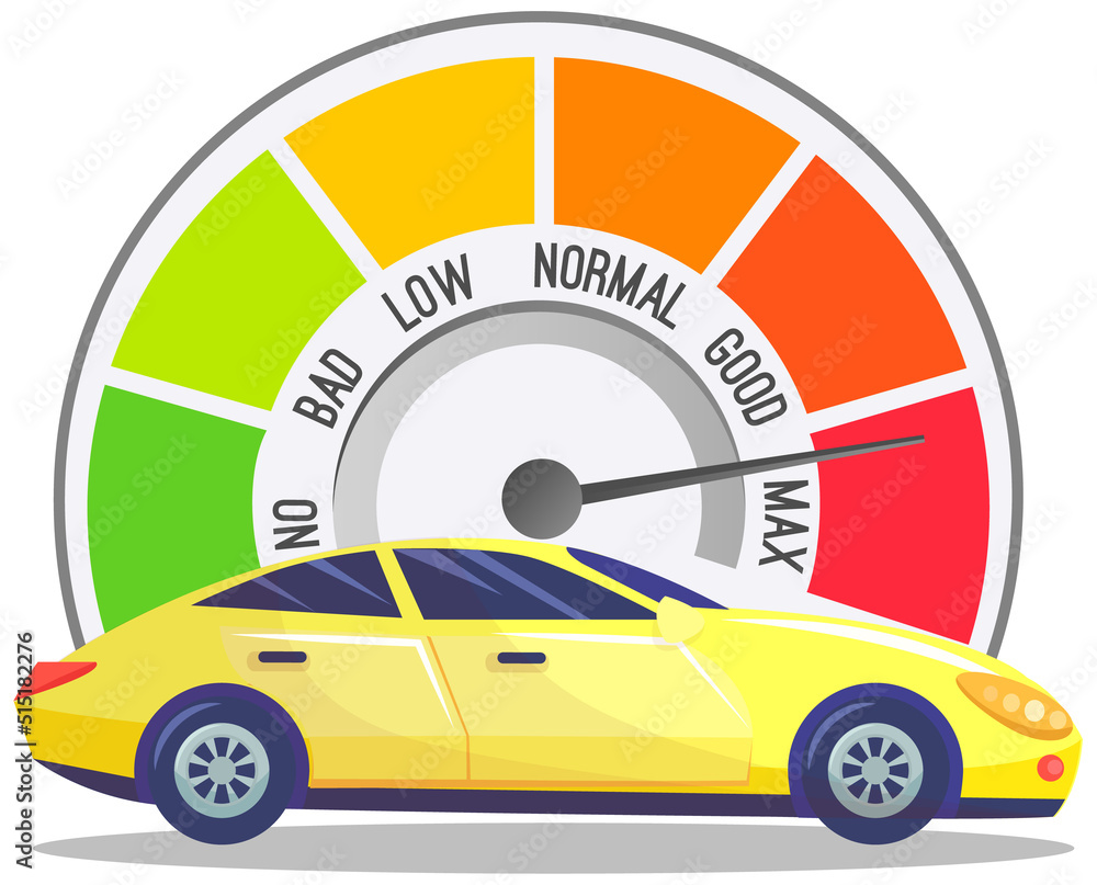 Color speedometer and yellow sport car. Tachometer with arrow and ...