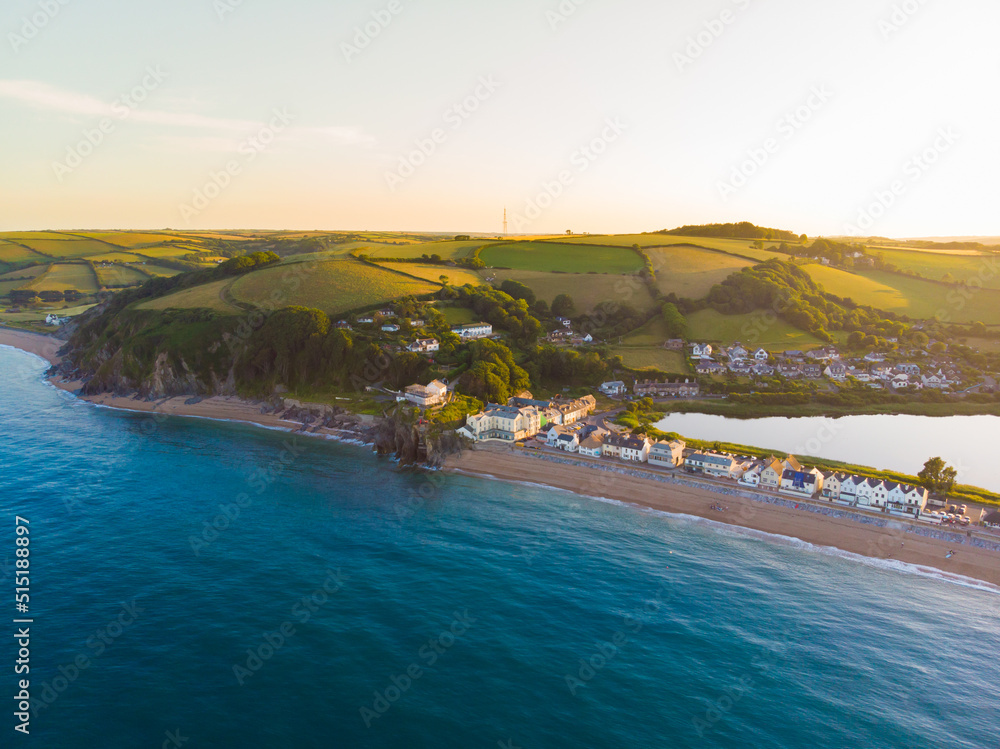 Aerial view of coastal village of Torcross, Slapton in the Devon ...