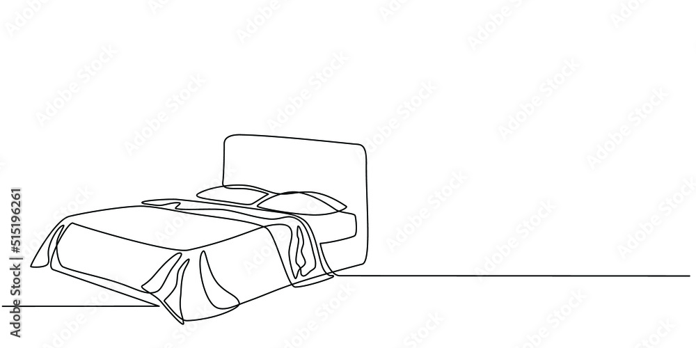 Continuous line drawing of double bed with table and houseplants ...