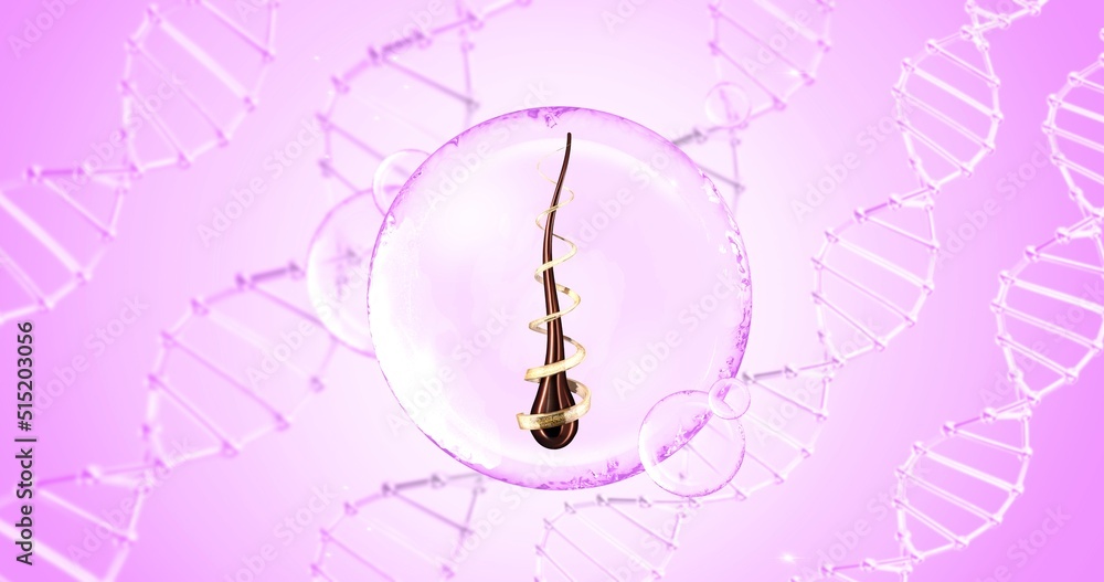 3d illustration of a hair with a very peri violet liquid around on the ...