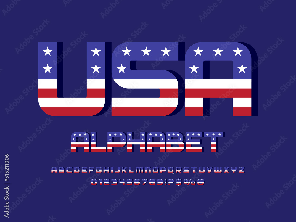 America flag style alphabet design with uppercase, numbers and symbols ...