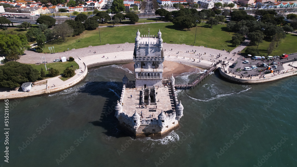 The Belem Tower (Torre de Belém) was built between 1514 and 1520 in a ...