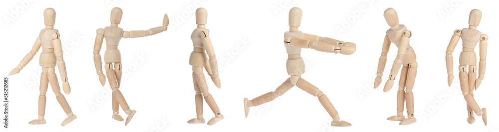 Set with wooden human models in different poses on white background ...