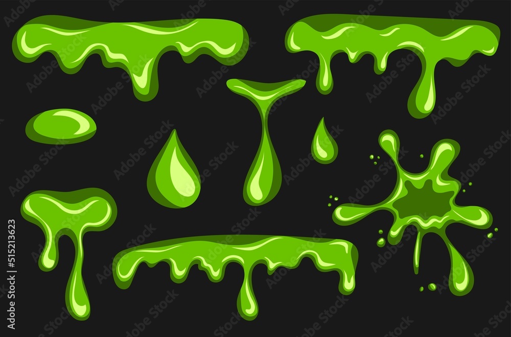 Liquid green slime splashes and border from dripping poison goo. Set of ...