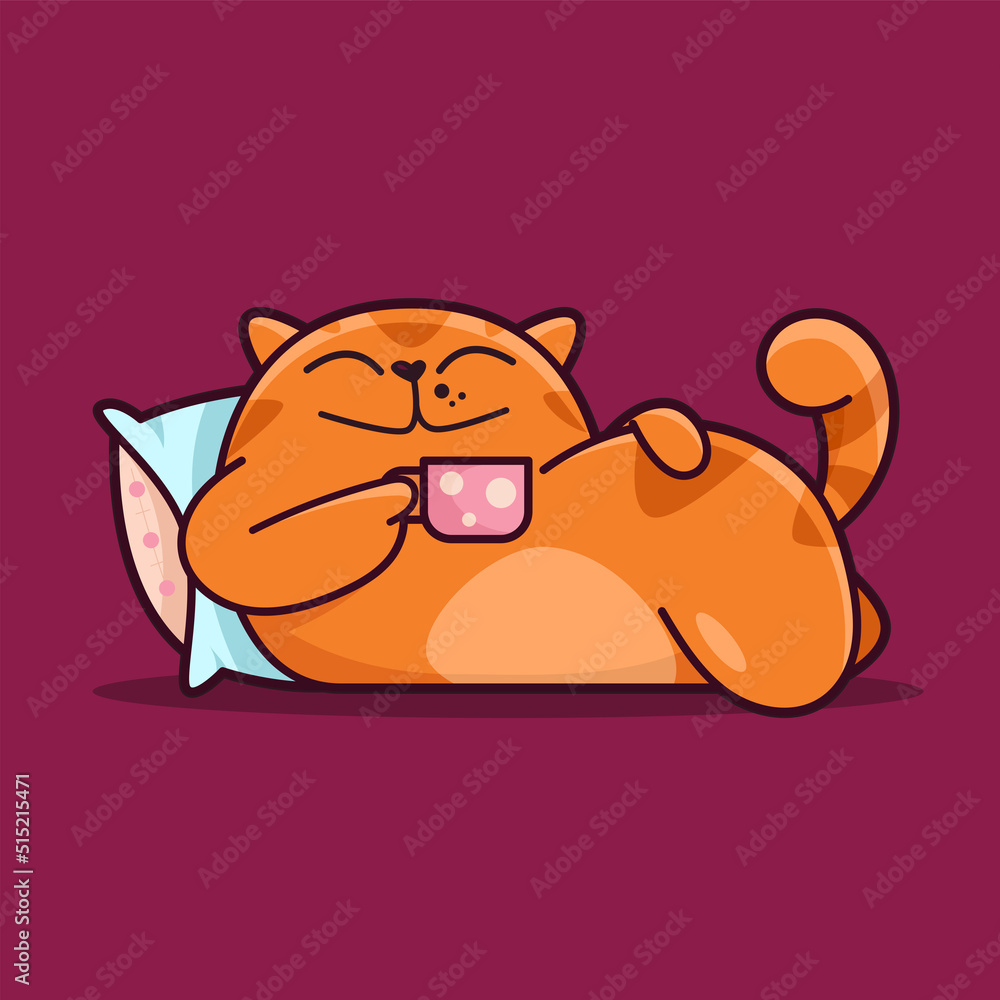 Cute Red Cat Lies On A Pillow And Drinks Tea Demonstrates Emotions