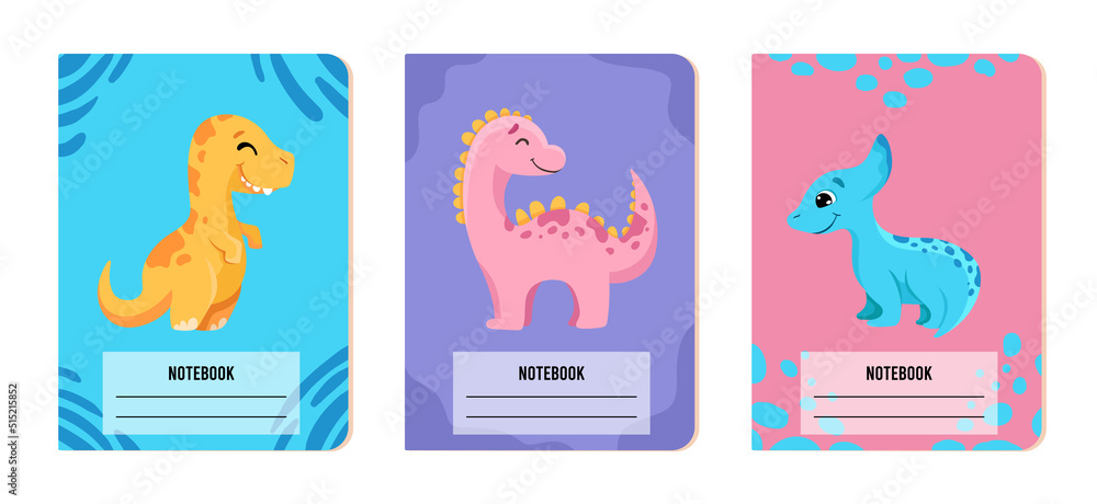 Set of cover page templates with cute dinosaurs and pastel colours ...