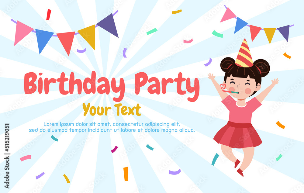 Cute Colorful Birthday Party Card Template banner, cute children and ...