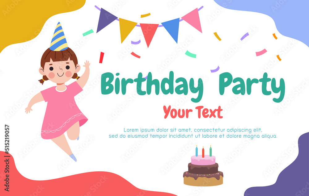 Cute Colorful Birthday Party Card Template banner, cute children and ...