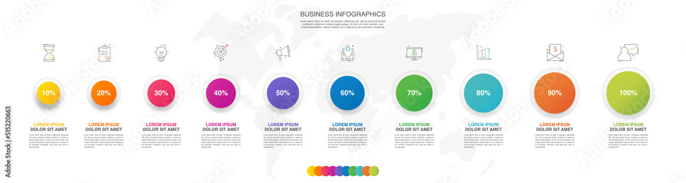 Fototapeta mapa świata dla dzieci Vector timeline infographics template with ten circles and ...