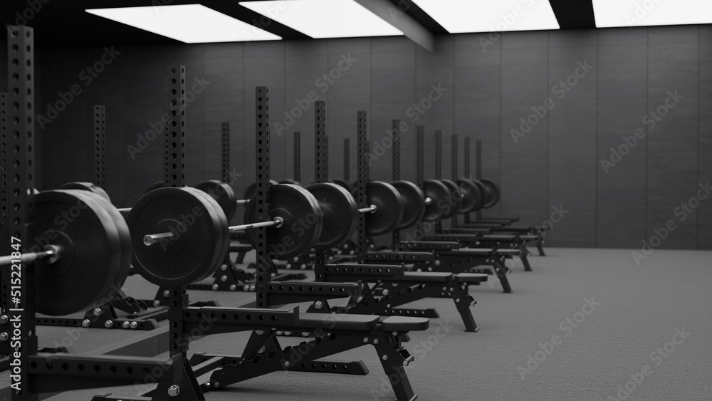 Barbell rack stands in Gym. Dark workout room steel rack for weights ...