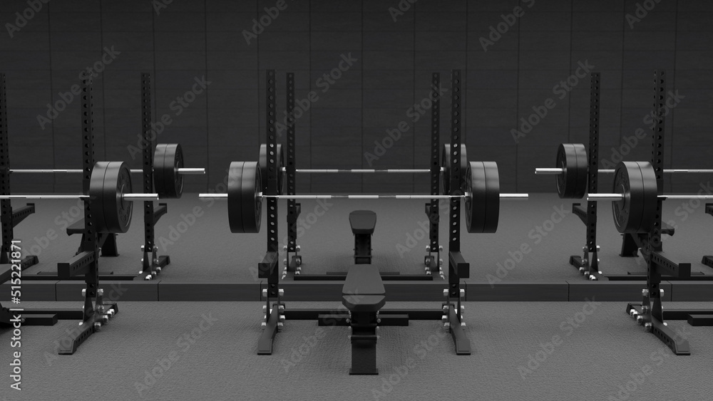 Barbell rack stands in Gym. Dark workout room steel rack for weights ...