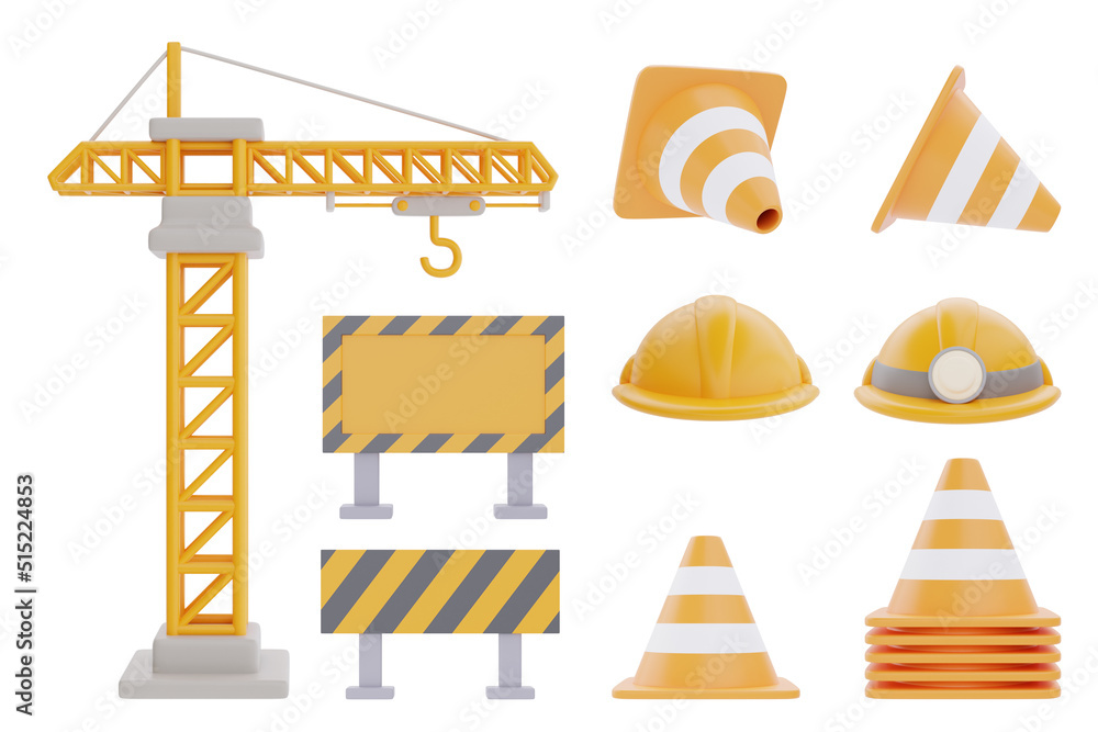 set of construction tools and equipment, yellow tower crane, Under ...