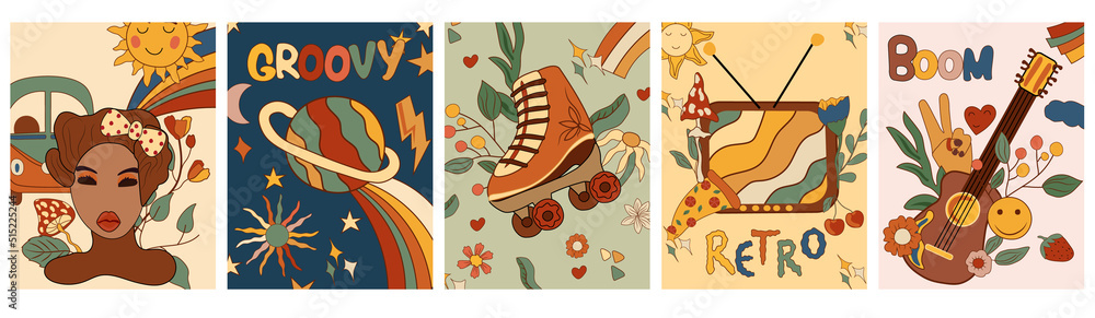 70s groovy posters with planets and star, roller skate, retro girl ...