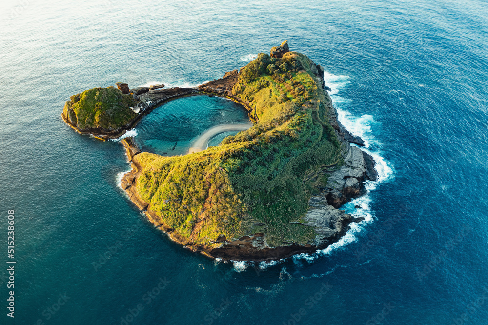 Aerial view of the small, volcanic island Vila Franco do Compa at ...