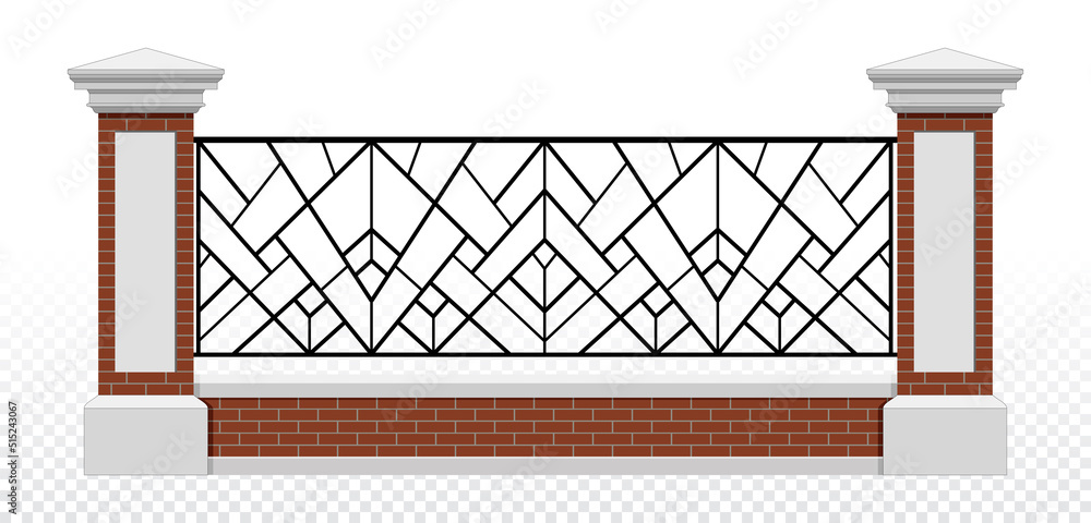 Modern Iron Fence With Red Brick Pillars. Vintage. Vector. Wrought Iron ...