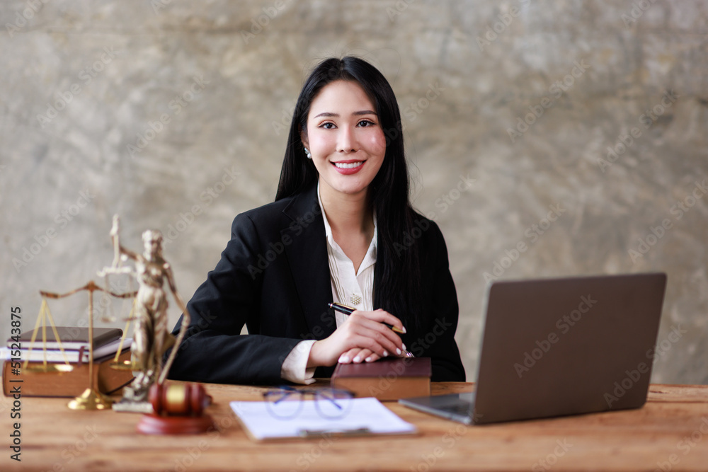 Business woman Lawyer office. Statue of Justice with scales and a ...