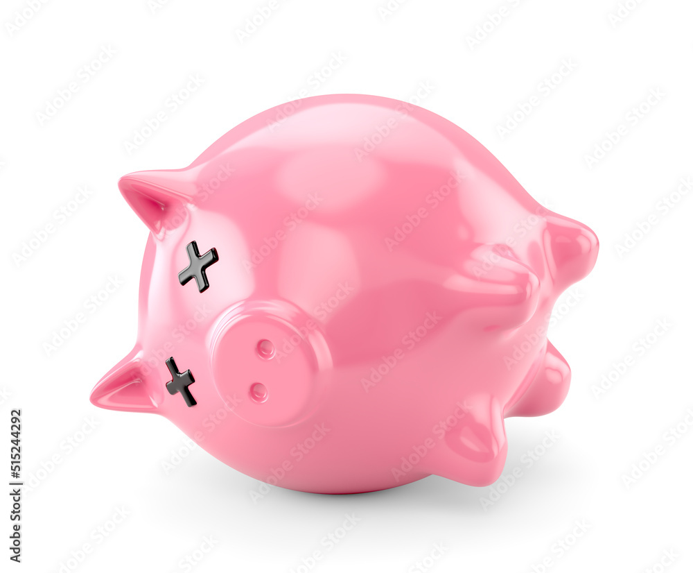 Dead pink piggy bank upside down isolated on white background Stock ...