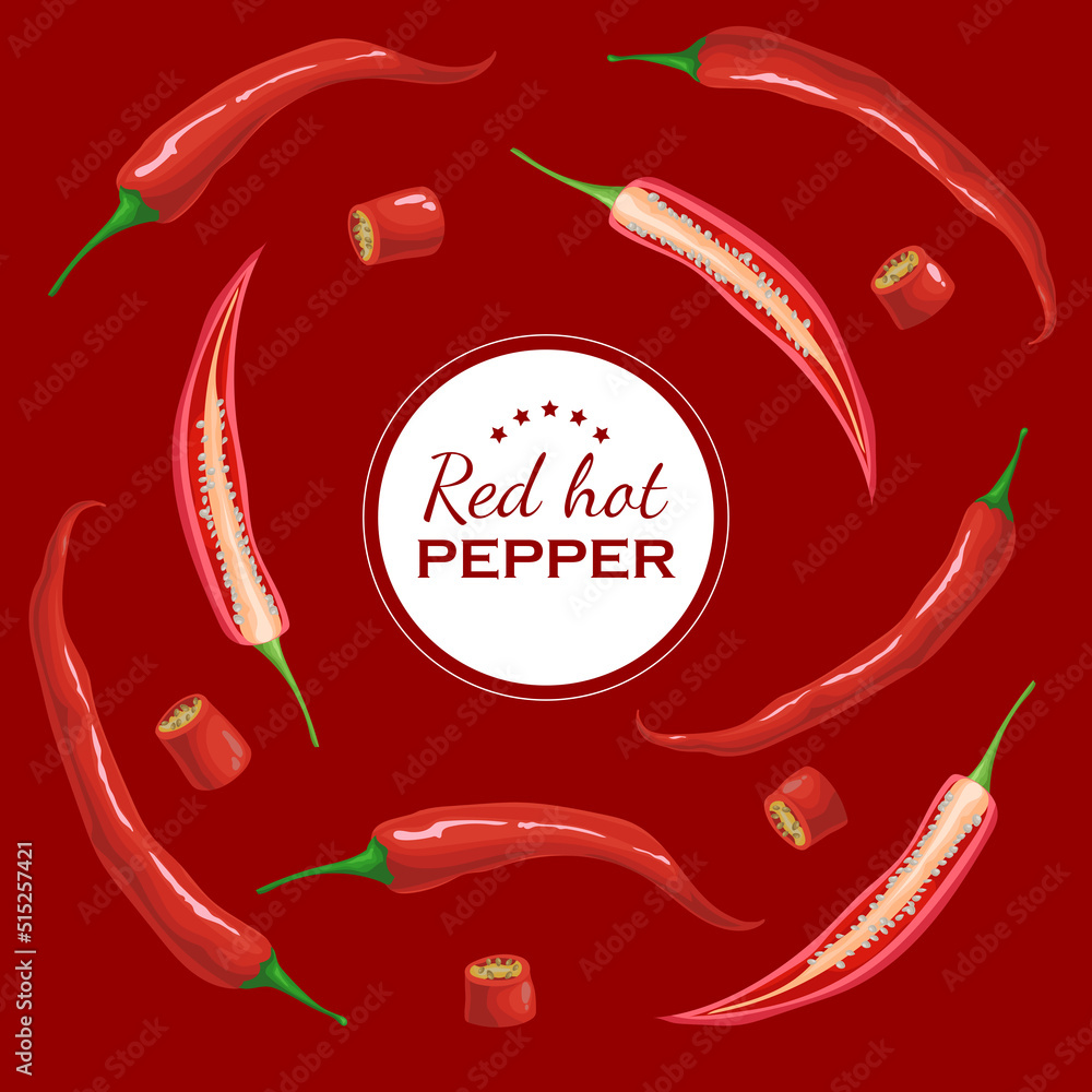 Red hot peppers banner design template. Flying red peppers on the ...