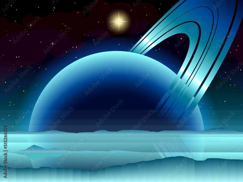 vector art of an icy landscape with a ringed gas giant planet rising ...