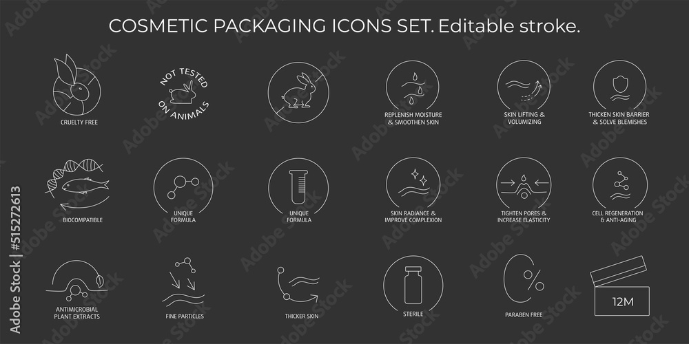 Cosmetic packaging icons set. Editable stroke. Vector stock ...