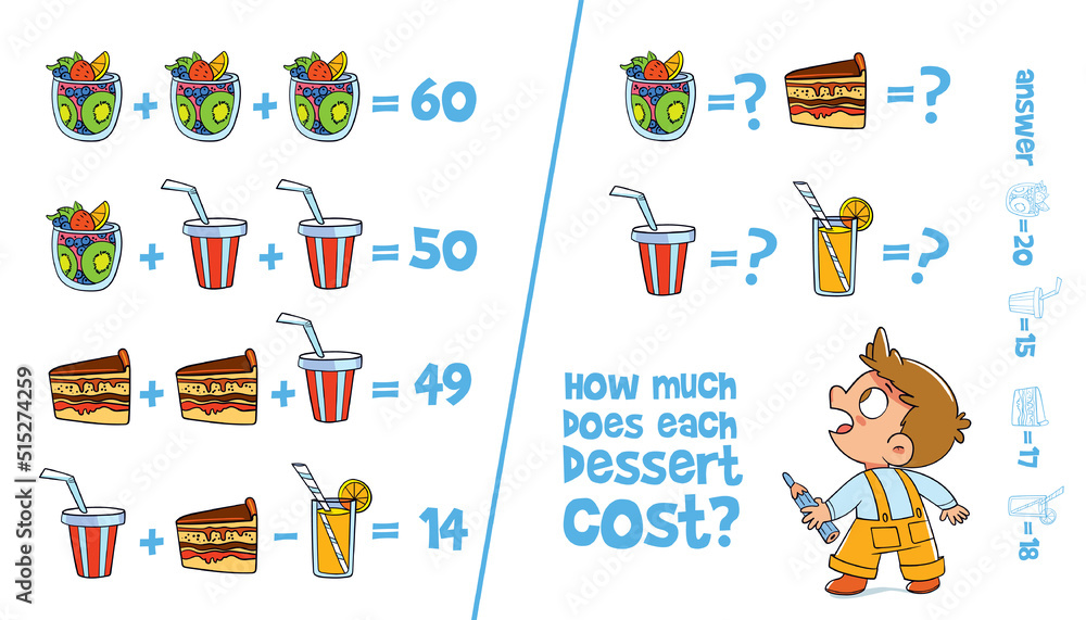 Math kids puzzle. How much does each dessert cost. Solve the children ...