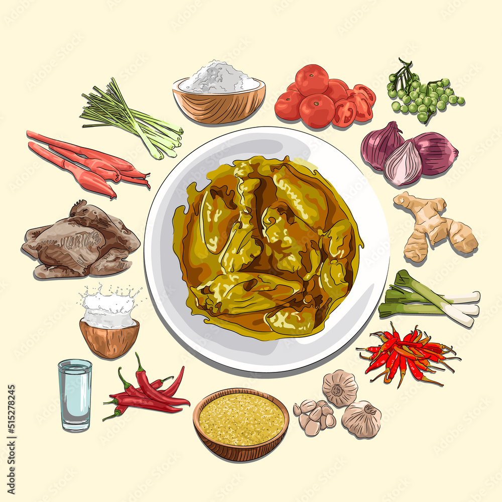 Ayam Cipera And Ingredients Illustration, Sketch And Vector Style ...
