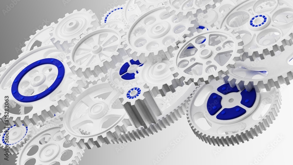 Mechanism white-blue metallic gears and cogs at work under white spot ...