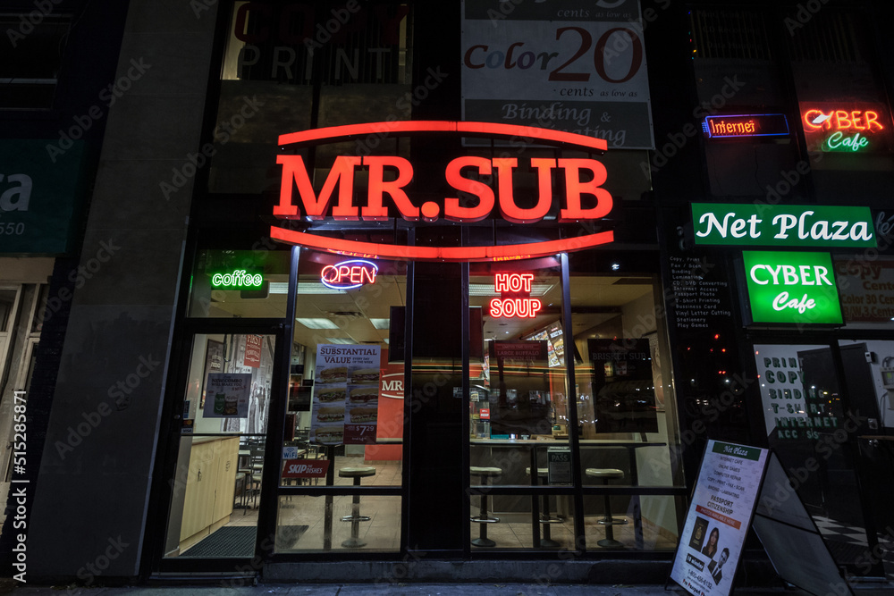 TORONTO, CANADA - NOVEMBER 14, 2018: Mr. Sub logo in front of their ...