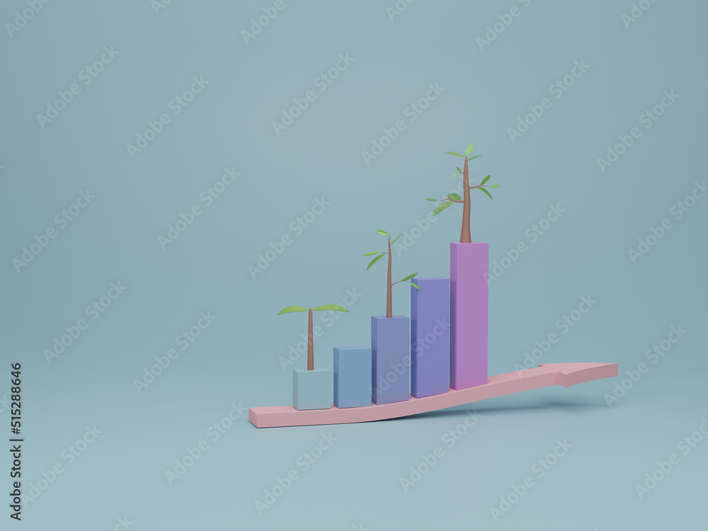 Growing bar graph with trees to success process on step. 3d render ...
