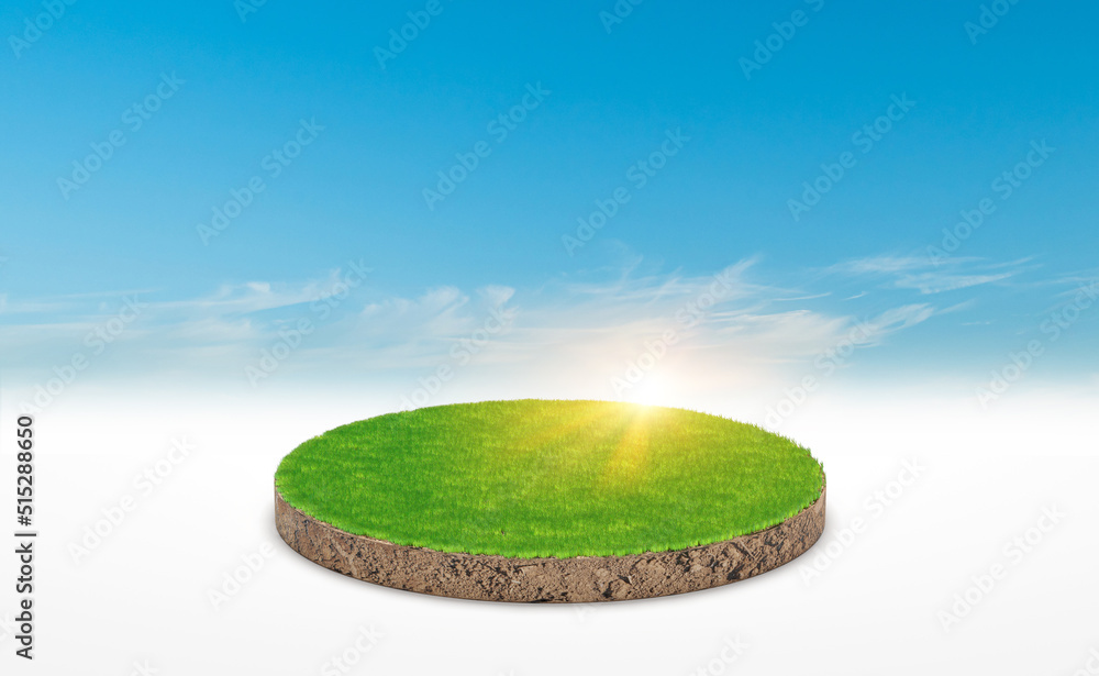 3d rendering, circle podium of land meadow. Soil ground cross section ...