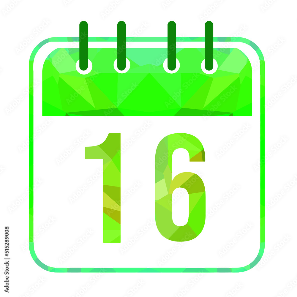 Calendar day 16. Number sixteen on a white paper with modern green ...
