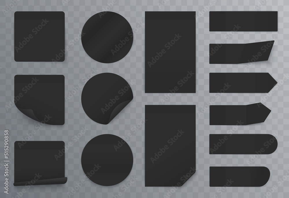 Dark black paper sticker set vector illustration. 3d realistic adhesive ...