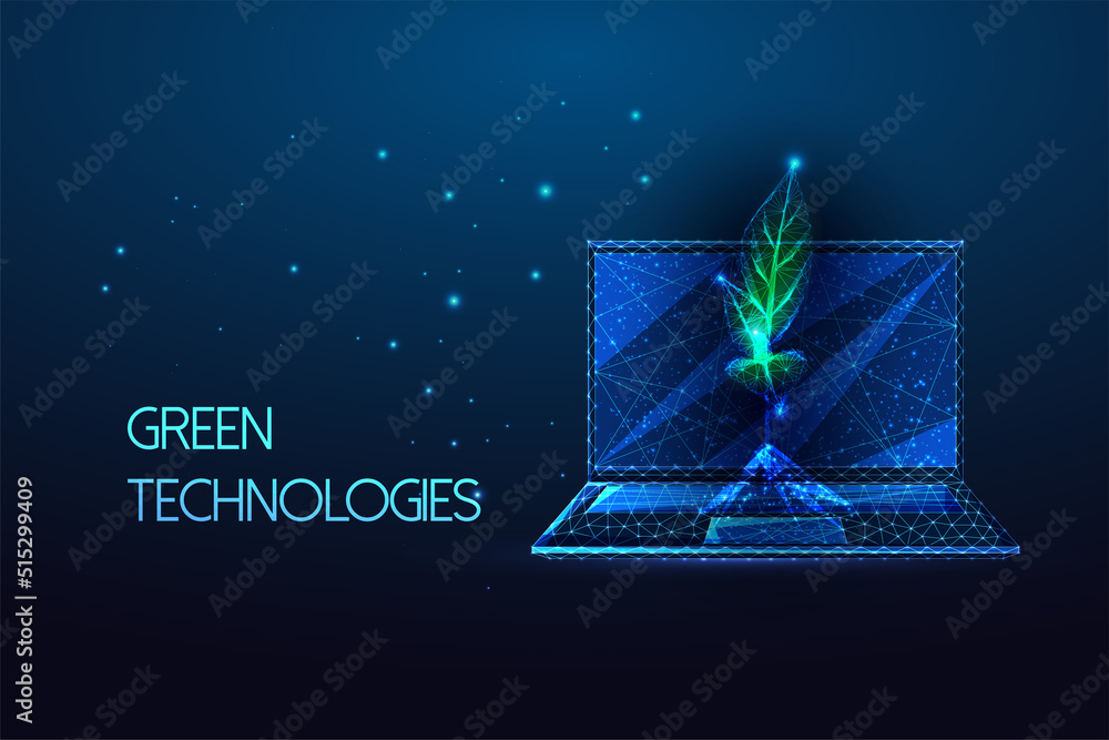 Concept of eco friendly technologies, green IT with laptop and sprout ...